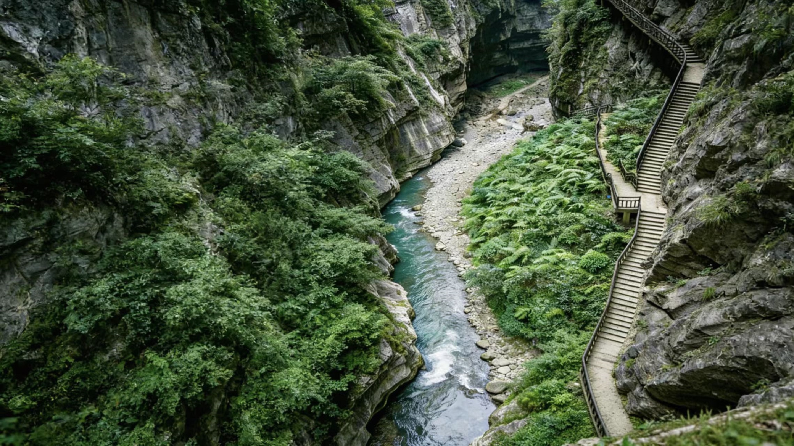 The stream is like a ribbon of emerald green, winding around the ...