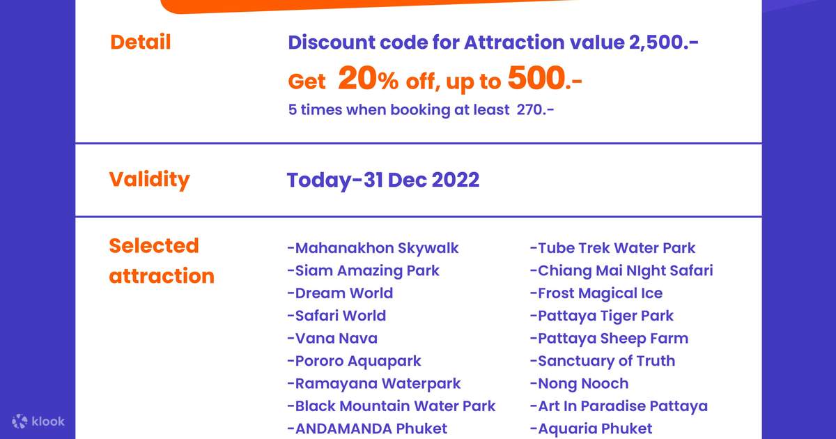 Klook Coupon Pack for Attractions in Bangkok, Chiang Mai, Pattaya, and ...