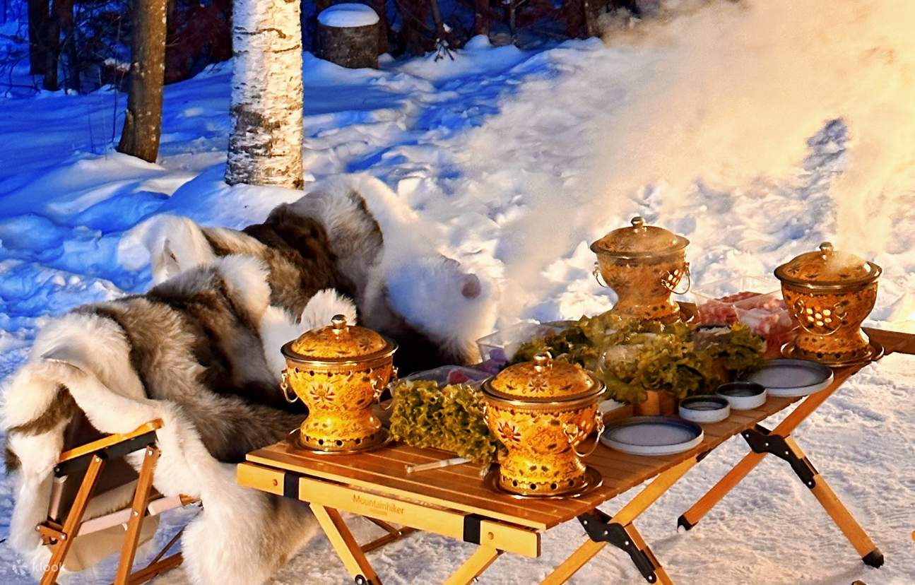 Disfrute de un festín de olla caliente humeante en la nieve de la ...