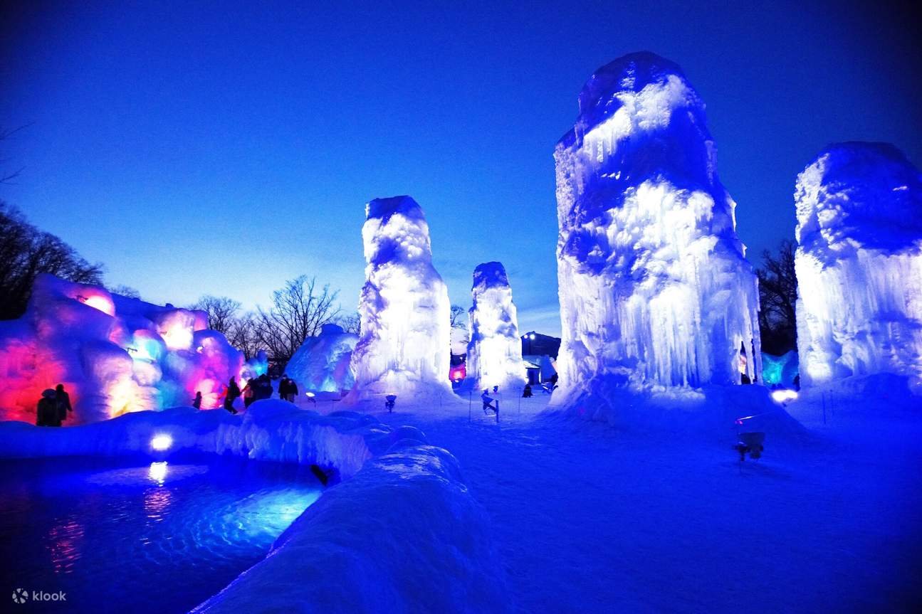 Dreamy ice sculptures decorated with lights—Lake Shikotsu Ice Wave ...